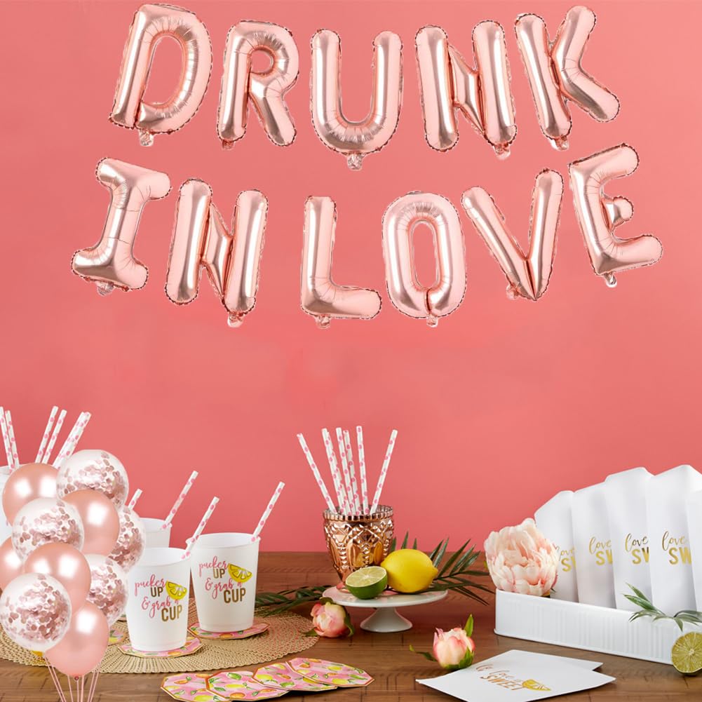 Drunk in Love Balloons Rose Gold Bachelorette Party Banner Engagement Hen Party Decor Bridal Shower Wedding Themed Party Supplies Decorations Photo Booth Props