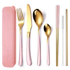 aarainbow 7 pieces stainless steel flatware set portable reusable cutlery set travel utensils set including chopsticks knife fork spoon straws cleaning brush dishwasher safe (7 pink golden)