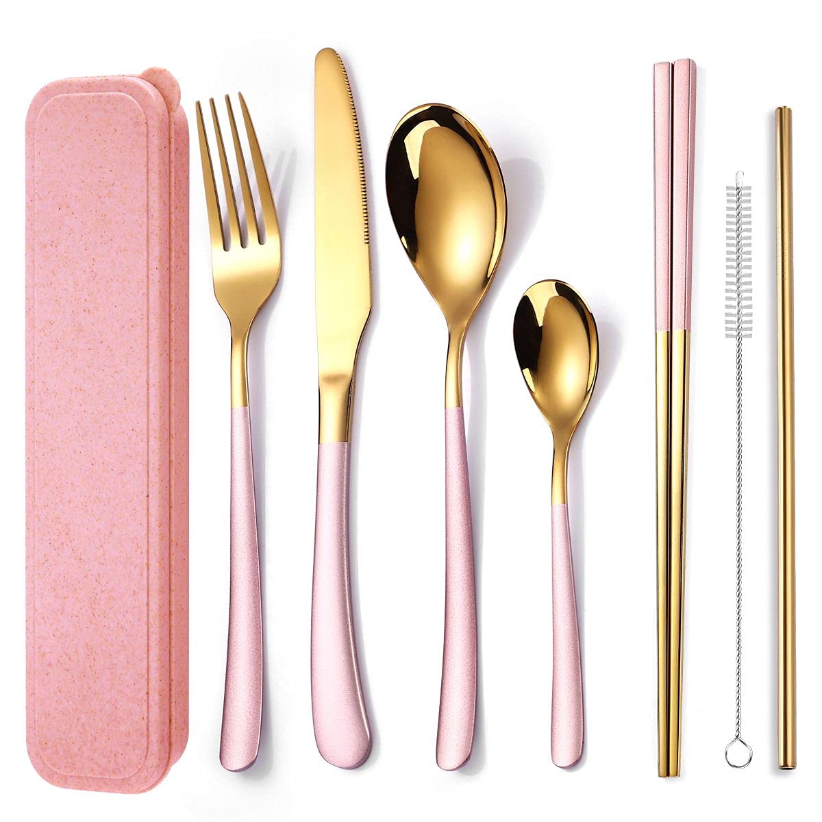 AARAINBOW 7 Pieces Stainless Steel Flatware Set Portable Reusable Cutlery Set Travel Utensils Set Including Chopsticks Knife Fork Spoon Straws Cleaning Brush Dishwasher Safe (7 Pink Golden)