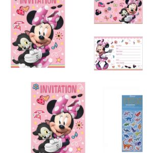 Unique Minnie Birthday Party Supplies Bundle Pack includes 24 Party Invitations with Envelopes and 1 Dinosaur Sticker Sheet