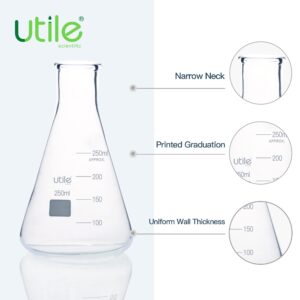 Utile Glass Erlenmeyer Flask Set, 250ml Narrow Mouth Erlenmeyer Flasks, 6pcs of Borosilicate 3.3 Glass Conical Flasks for Laboratory with Printed Graduation, 4016.0250.6