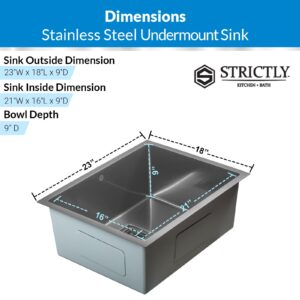 Strictly Sinks 23 Inch Undermount Kitchen Sink – Silver Single Bowl 16 Gauge Stainless Steel Bar Prep Kitchen Sink Stain Resistant – With 1 Square Disposal Adapter, 1 Strainer Drain & Bottom Grid