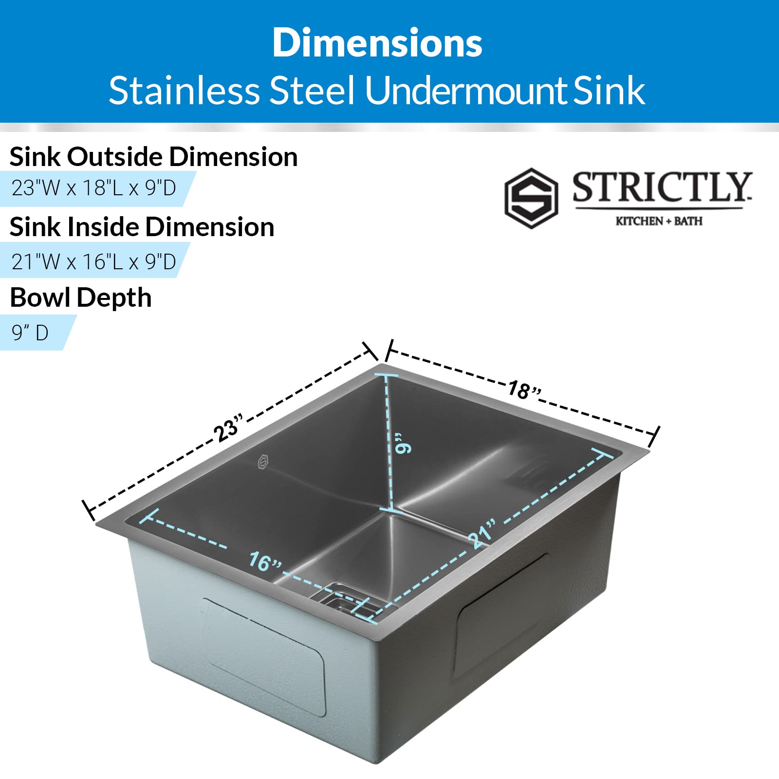 Strictly Sinks 23 Inch Undermount Kitchen Sink – Silver Single Bowl 16 Gauge Stainless Steel Bar Prep Kitchen Sink Stain Resistant – With 1 Square Disposal Adapter, 1 Strainer Drain & Bottom Grid