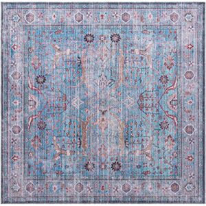 Rugs.com Maahru Collection Washable Rug – 7 Ft Square Blue Low-Pile Rug Perfect for Living Rooms, Kitchens, Entryways