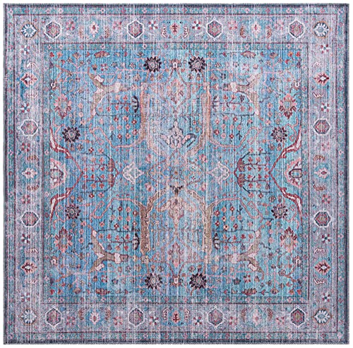 Rugs.com Maahru Collection Washable Rug – 7 Ft Square Blue Low-Pile Rug Perfect for Living Rooms, Kitchens, Entryways