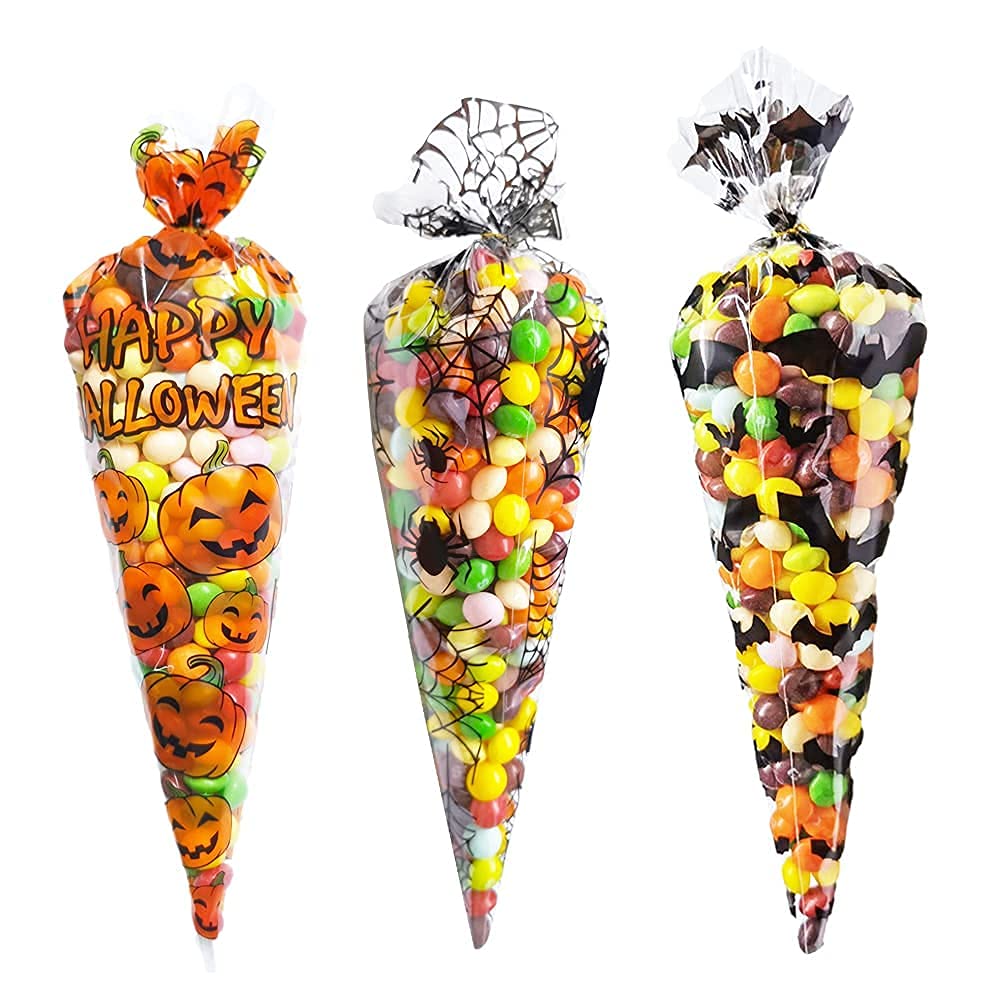 Halloween Bags for Candy 150Pc Cellophane Cone Treat Bags with Twist Tie (Bat Spider Web Pumpkin Candy Cone Bags)