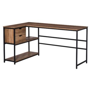 homcom l-shaped home offie computer desk with storage shelves, 2 dawers and industrial steel frame, black/brown