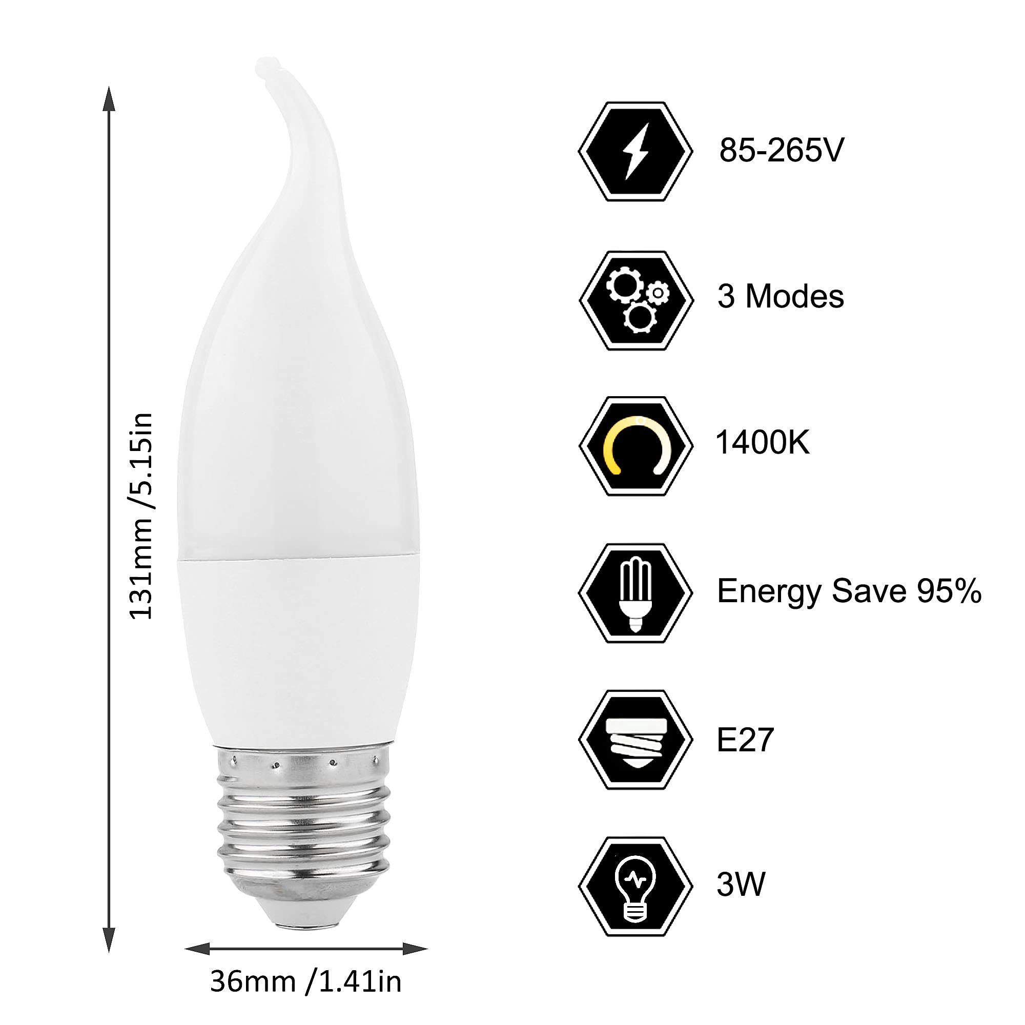 Lpraer 6 Pack E26 LED Flame Effect Light Bulbs 3 Modes Flickering Flame Tip Candelabra Light Bulbs Warm White Chandelier Bulbs for Easter Halloween