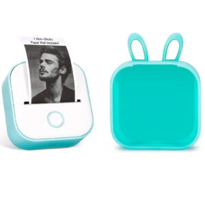 memoking t02 pocket thermal bluetooth printer with green rabbit shape protective case, compatible with ios & android