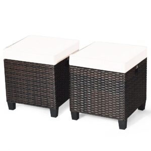 bettary 2pcs patio outdoor ottomans, rattan wicker ottoman seat w/removable cushions, rattan footstool footrest seat set, patio wicker furniture small chair for home,patio, garden, backyard (cream)