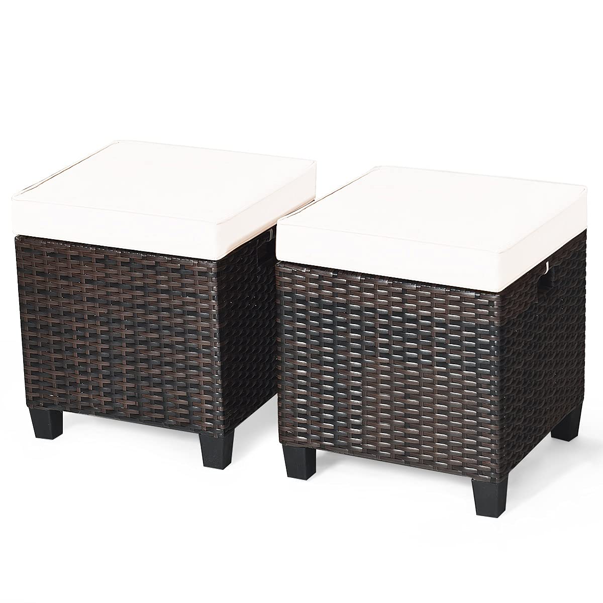 BETTARY 2PCS Patio Outdoor Ottomans, Rattan Wicker Ottoman Seat w/Removable Cushions, Rattan Footstool Footrest Seat Set, Patio Wicker Furniture Small Chair for Home,Patio, Garden, Backyard (Cream)