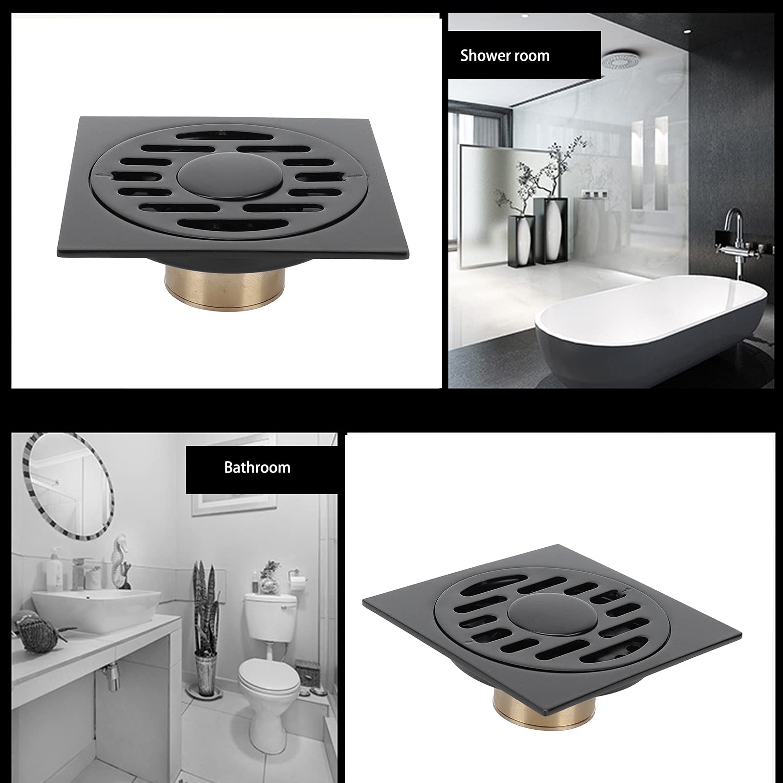 Black Floor Drain Concealed, Bathroom Sink & Bathtub Accessories Drain Strainers Shower Drain Set Square Drain Strainer Part with Removable Cover for Bathroom Kitchen 10x10x0.3cm