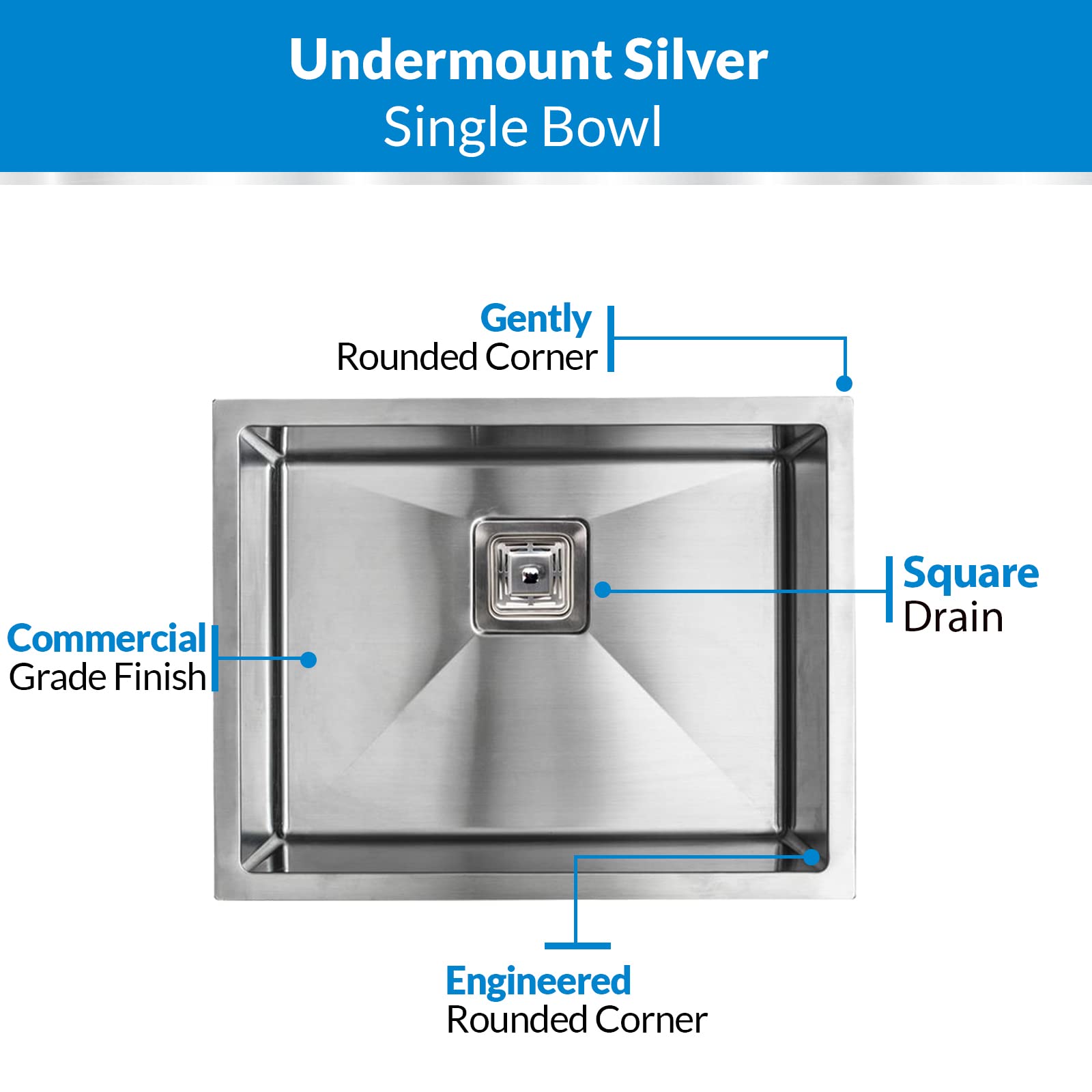 Strictly Sinks 23 Inch Undermount Kitchen Sink – Silver Single Bowl 16 Gauge Stainless Steel Bar Prep Kitchen Sink Stain Resistant – With 1 Square Disposal Adapter, 1 Strainer Drain & Bottom Grid