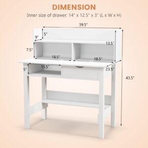 Tangkula White Desk with Hutch, Home Office Writing Study Desk with Storage Bookshelf & Drawer, Modern Makeup Vanity Desk for Bedroom, PC Laptop Desk Computer Desk for Working Studying