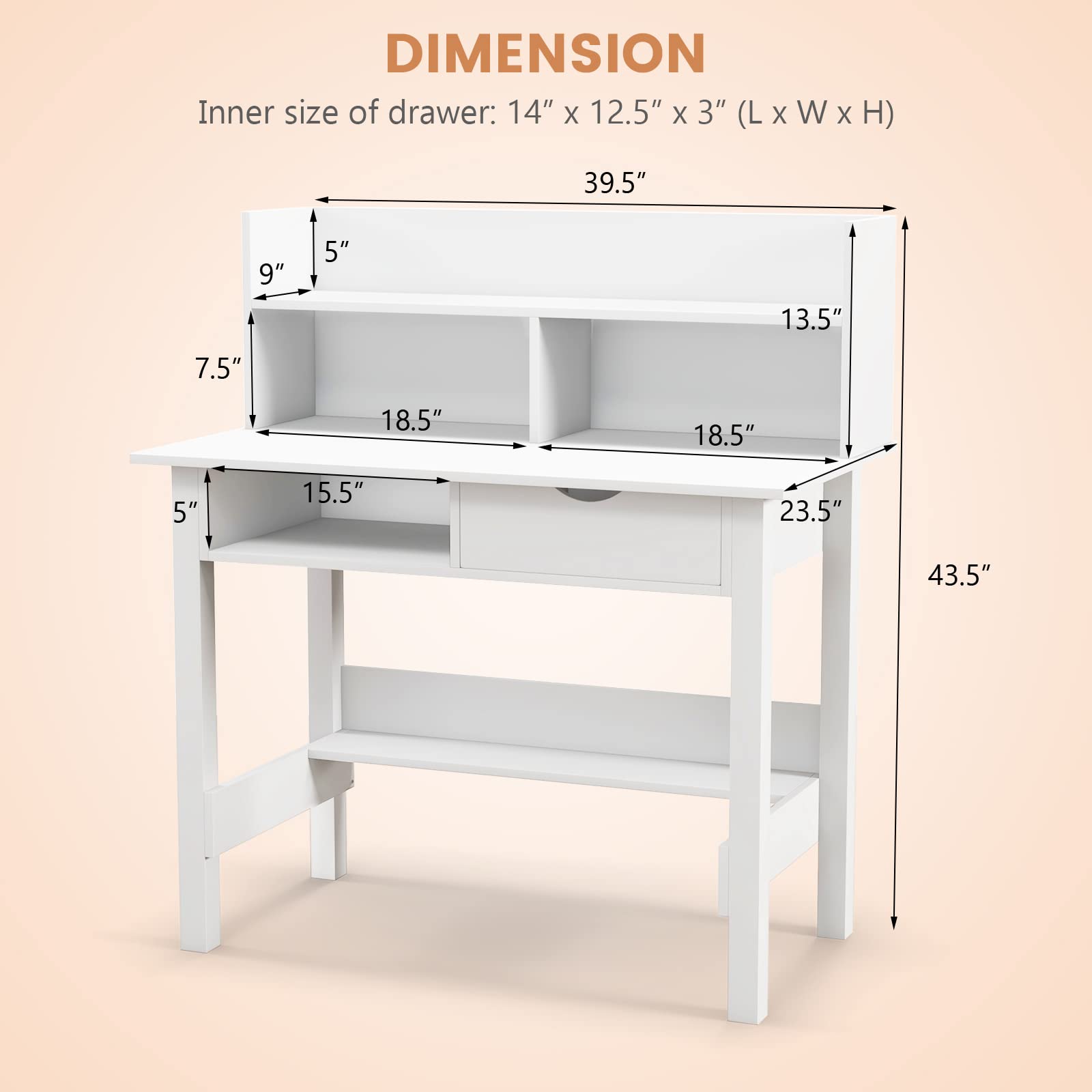 Tangkula White Desk with Hutch, Home Office Writing Study Desk with Storage Bookshelf & Drawer, Modern Makeup Vanity Desk for Bedroom, PC Laptop Desk Computer Desk for Working Studying