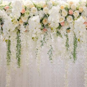 YQ 7x5ft White Rose Floral Photography Backdrops Bridal Shower Wedding Flowers Wall Decoration Photo Background Girl Woman Birthday Party Banner Baby Shower Cake Table Decor Studio Props Booth