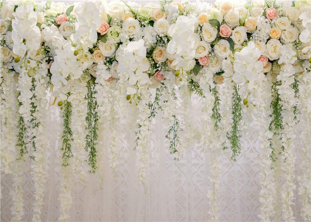 YQ 7x5ft White Rose Floral Photography Backdrops Bridal Shower Wedding Flowers Wall Decoration Photo Background Girl Woman Birthday Party Banner Baby Shower Cake Table Decor Studio Props Booth