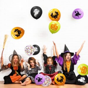 60pcs Halloween Party Balloons 12 Inch Latex Black Orange Purple Green Balloons Printed Ghost Pumpkin Witch Bat Confetti Balloons for Halloween Party Decorations Supplies