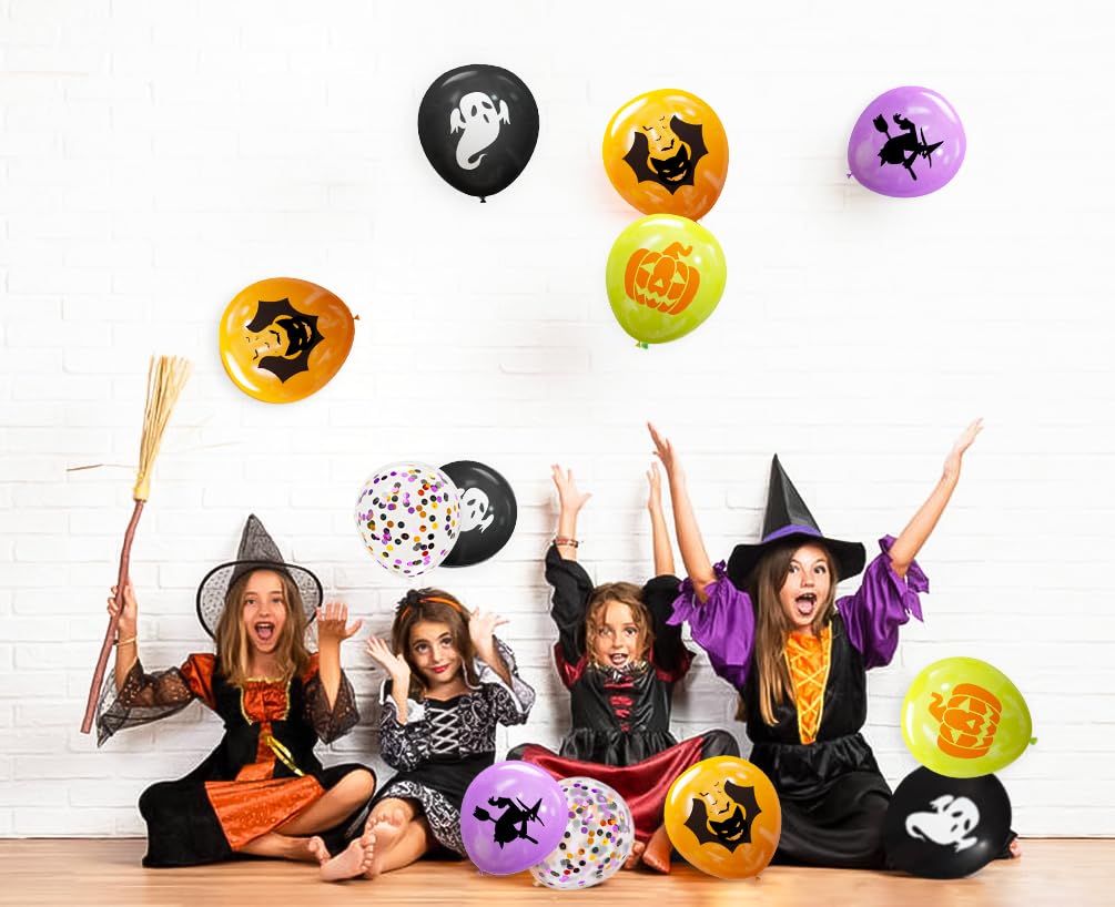 60pcs Halloween Party Balloons 12 Inch Latex Black Orange Purple Green Balloons Printed Ghost Pumpkin Witch Bat Confetti Balloons for Halloween Party Decorations Supplies