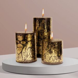 auradecor set of 3 black pillar candles with gold finish ( gift set , pack of 3 candles, 3, 4, 6 inch ), large