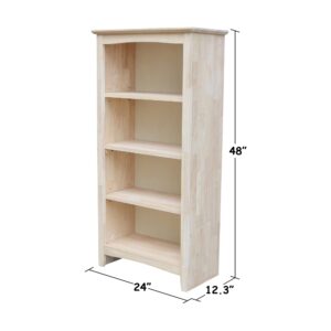 IC International Concepts Shaker Bookcase, 48-Inch Height, Durable Solid Wood Construction, 5 Adjustable Shelves, Home Office Furniture - Unfinished