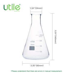 Utile Glass Erlenmeyer Flask Set, 250ml Narrow Mouth Erlenmeyer Flasks, 6pcs of Borosilicate 3.3 Glass Conical Flasks for Laboratory with Printed Graduation, 4016.0250.6