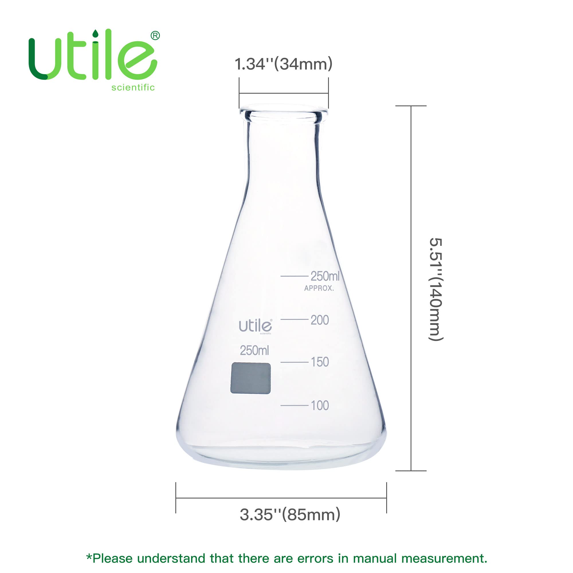 Utile Glass Erlenmeyer Flask Set, 250ml Narrow Mouth Erlenmeyer Flasks, 6pcs of Borosilicate 3.3 Glass Conical Flasks for Laboratory with Printed Graduation, 4016.0250.6