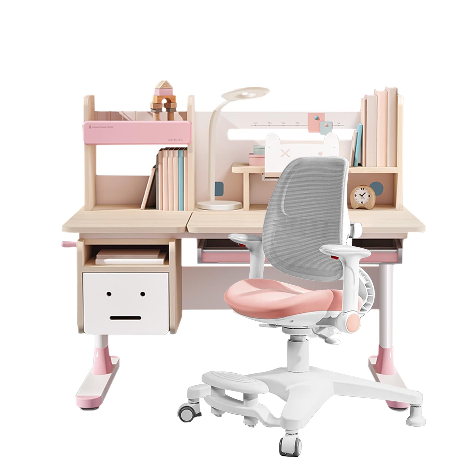 FCD Kids Desk and Chair Set, Ergonomic Wood Adjustable Kids Study Desk with Bookshelf, Tiltable Desktop, Tablet Holder and Drawers for Writing, Reading and Drafting (Desk and Chair, Pink)