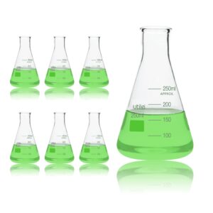 utile glass erlenmeyer flask set, 250ml narrow mouth erlenmeyer flasks, 6pcs of borosilicate 3.3 glass conical flasks for laboratory with printed graduation, 4016.0250.6