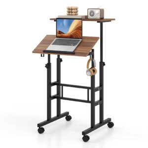 tangkula mobile standing desk, height-adjustable laptop podium cart with tilting tabletop & adjustable angle, rolling stand up computer desk with 2 hanging hooks & lockable casters for home office