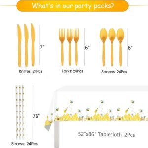 PYCALOW Bee Tableware Party Decorations - Bumble Bee Themed Party Supplies Include Plates, Cup, Napkin, Cutlery, Tablecloth, Straws, Bee Gender Reveal Baby Shower Birthday Party Decorations | Serve 24