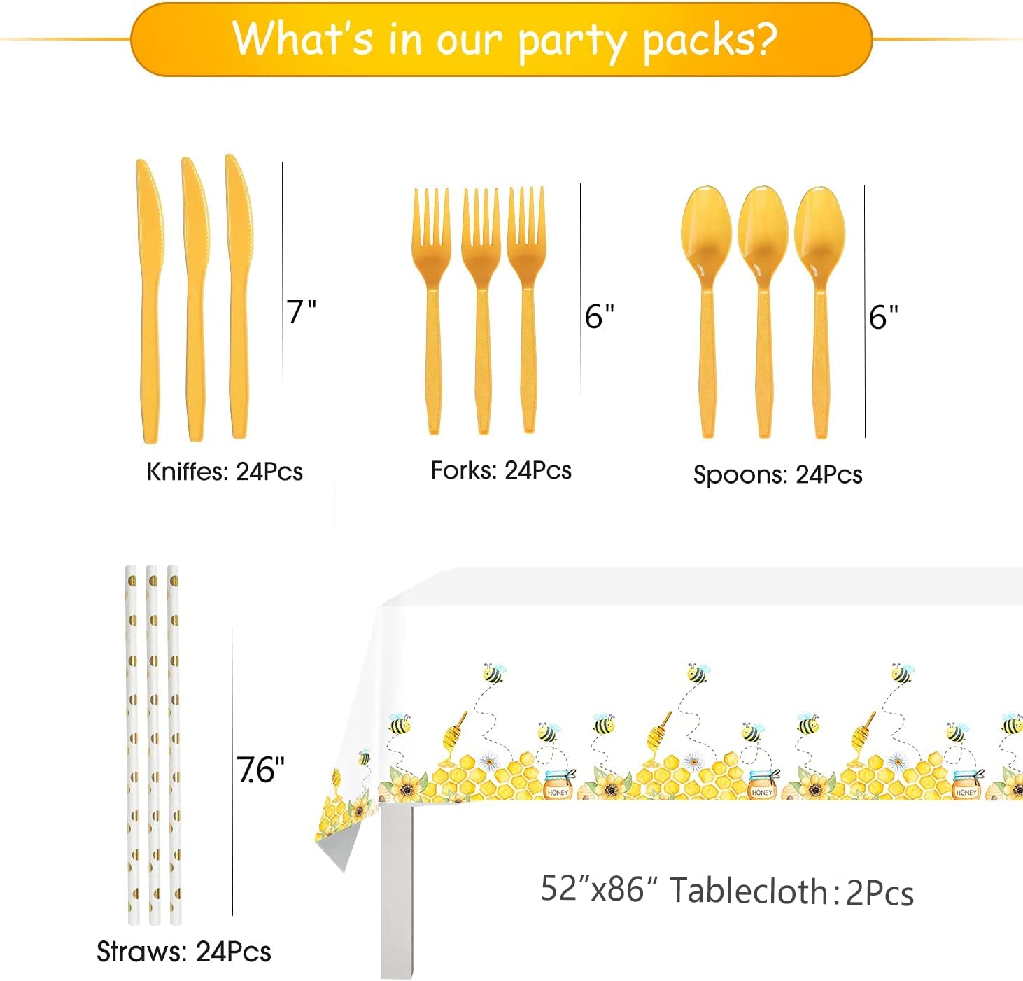 PYCALOW Bee Tableware Party Decorations - Bumble Bee Themed Party Supplies Include Plates, Cup, Napkin, Cutlery, Tablecloth, Straws, Bee Gender Reveal Baby Shower Birthday Party Decorations | Serve 24