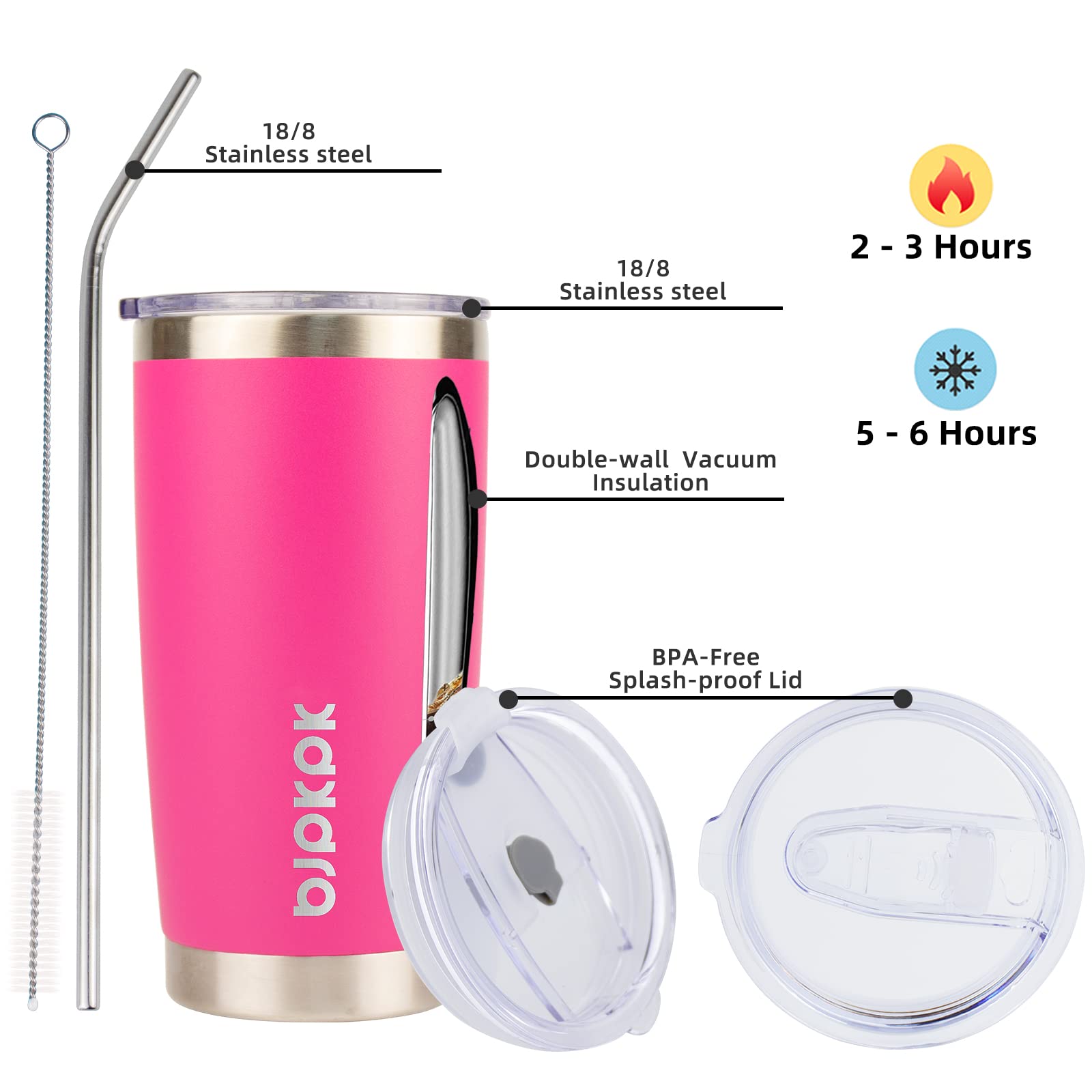 BJPKPK 20 oz Insulated Tumblers With Lid And Straw Travel Coffee Mug Tumbler Cup,Pink