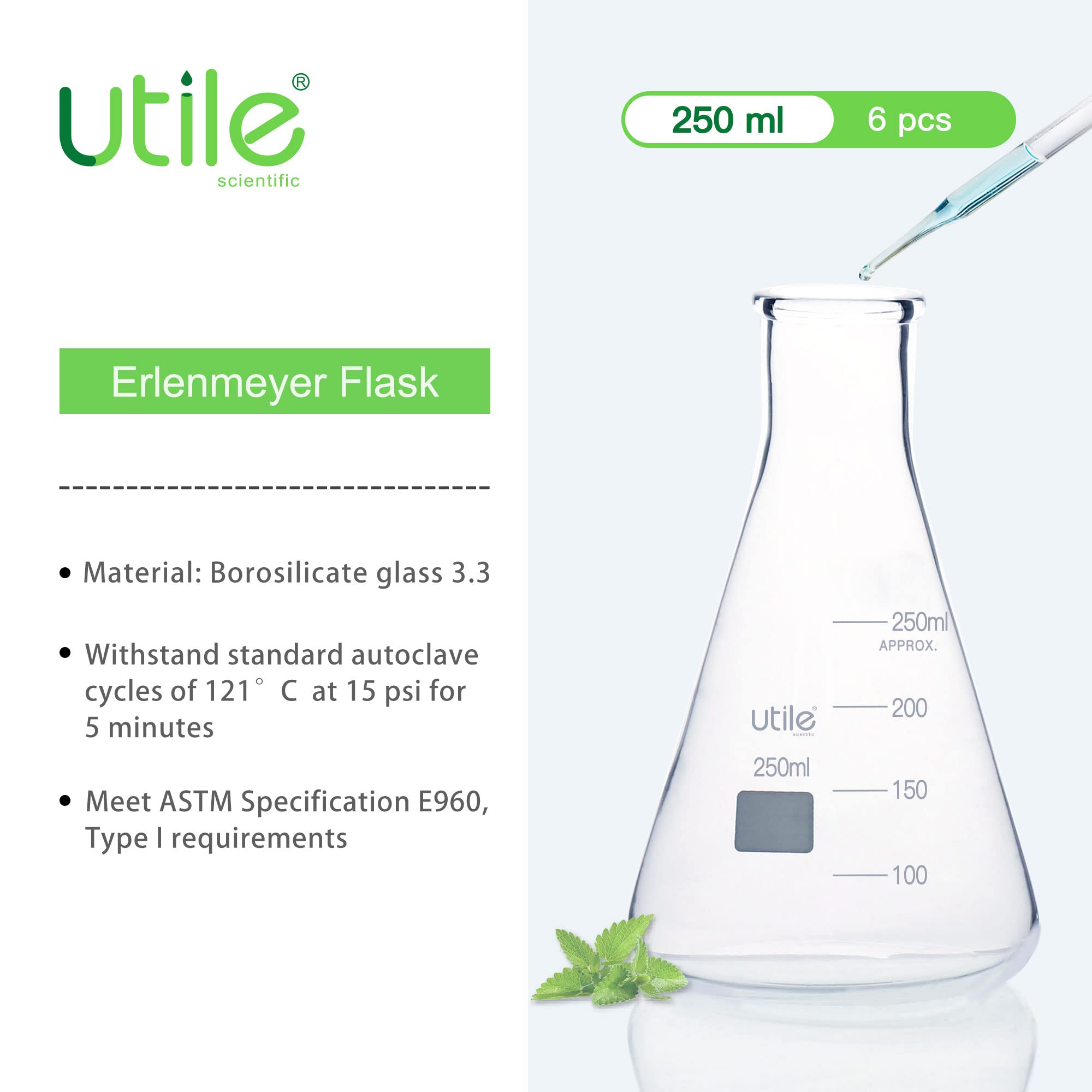 Utile Glass Erlenmeyer Flask Set, 250ml Narrow Mouth Erlenmeyer Flasks, 6pcs of Borosilicate 3.3 Glass Conical Flasks for Laboratory with Printed Graduation, 4016.0250.6