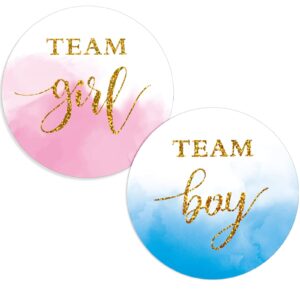 lincia 100 pieces gold watercolor gender reveal stickers 2 inches gold glitter team boy team girl labels pink and blue stickers for gender reveal parties, baby showers, party invitations