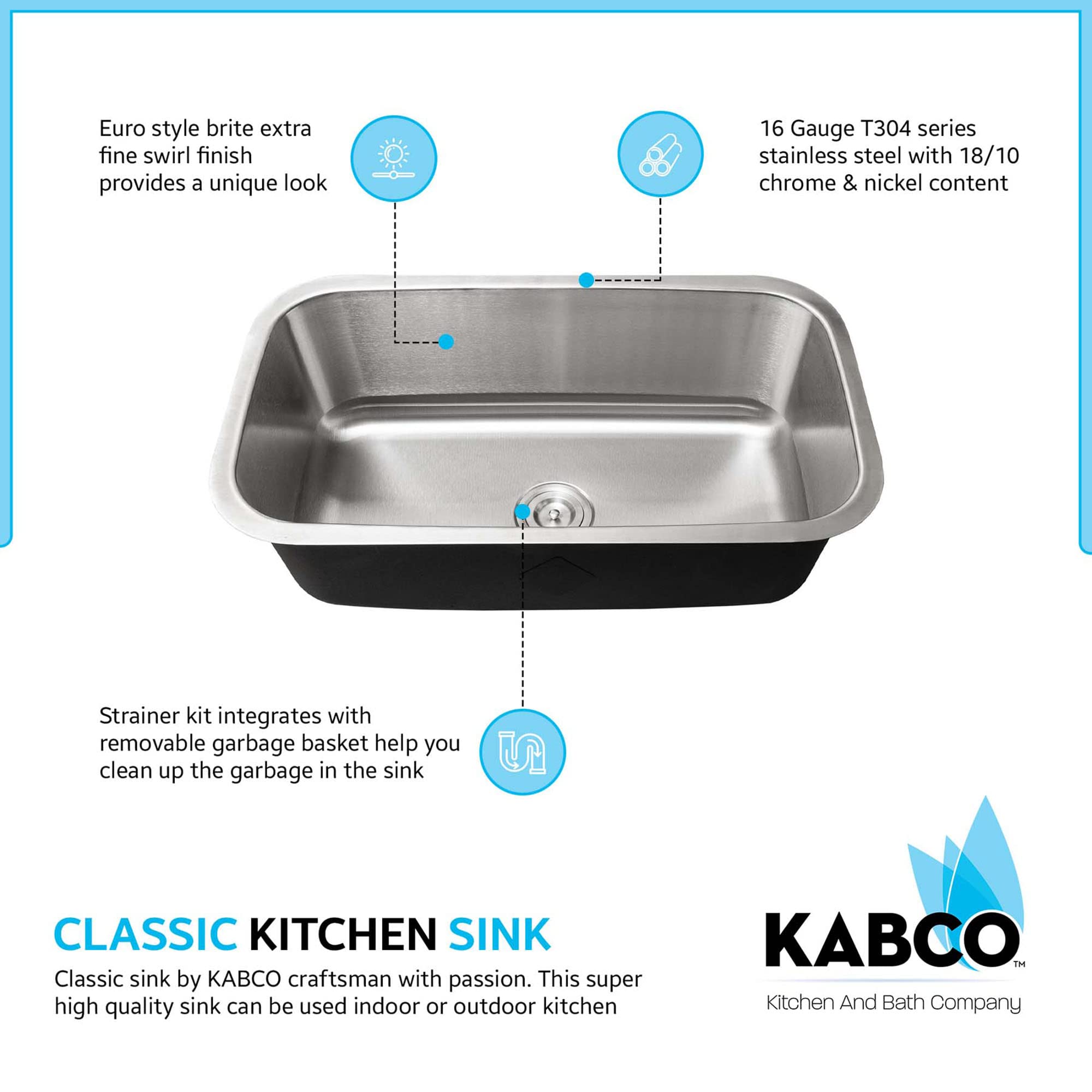 KABCO US607SSGR 30 Inch Stainless Steel Single Bowl Classic Kitchen Sink, Extra Thick 16 Gauge Undermount Rust, Sound and Heatproof Sink with Sink Strainer, Sink Grid and Rolling Up Grid