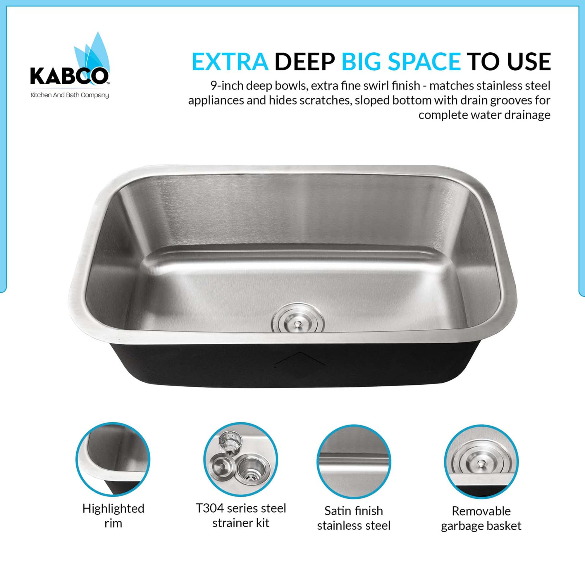 KABCO US607SSGR 30 Inch Stainless Steel Single Bowl Classic Kitchen Sink, Extra Thick 16 Gauge Undermount Rust, Sound and Heatproof Sink with Sink Strainer, Sink Grid and Rolling Up Grid