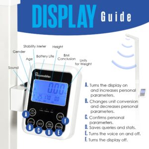 Houseables Medical Scale, Digital, Touchless Sonar Stadiometer, L18" x W14" x H86", White, 440 lbs. Doctor Physician Professional Scales, Weight Limit, Eye Level, Calculate BMI, Body Fat, Height Rod