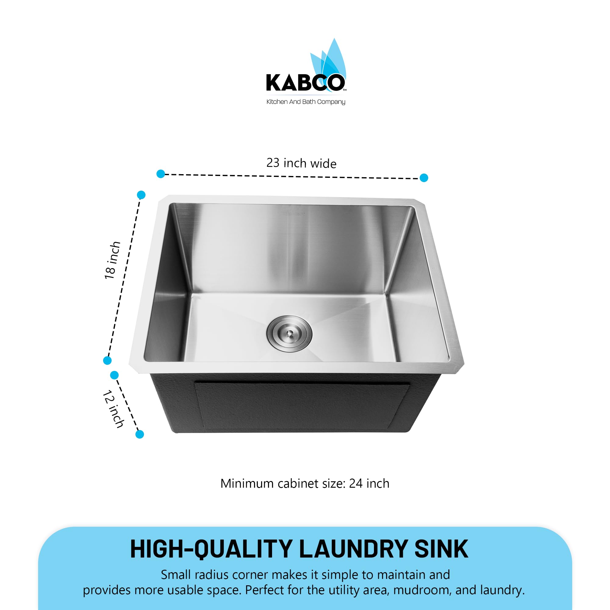 KABCO KLA23SSGR 18 Gauge Top-Undermount Drop In Laundry Utility Sink 23-Inch Stainless Steel Single Bowl with Strainer kit, Top Rolling Sink Rack & Bottom Sink Grid 4PC Combo Package- 23x18x12 Inch