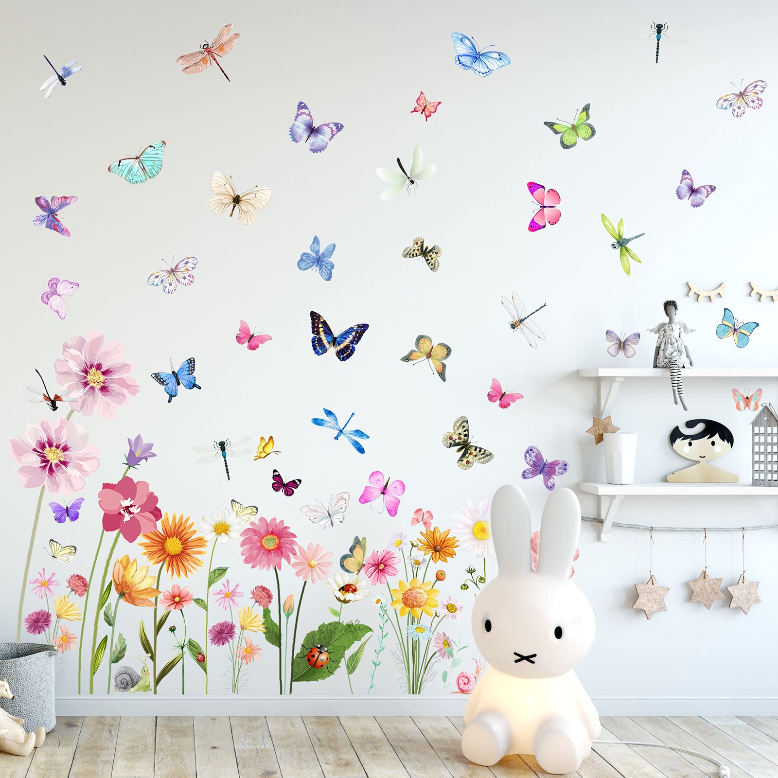 Flowers Butterflies Wall Decals Chrysanthemums Dragonflies Rose Botanical Wall Stickers Fairy Decals PVC Removable Wall Art Decals for Girls Bedroom Nursery Decor, 23.6 x 11.8 Inch (Cute Style)