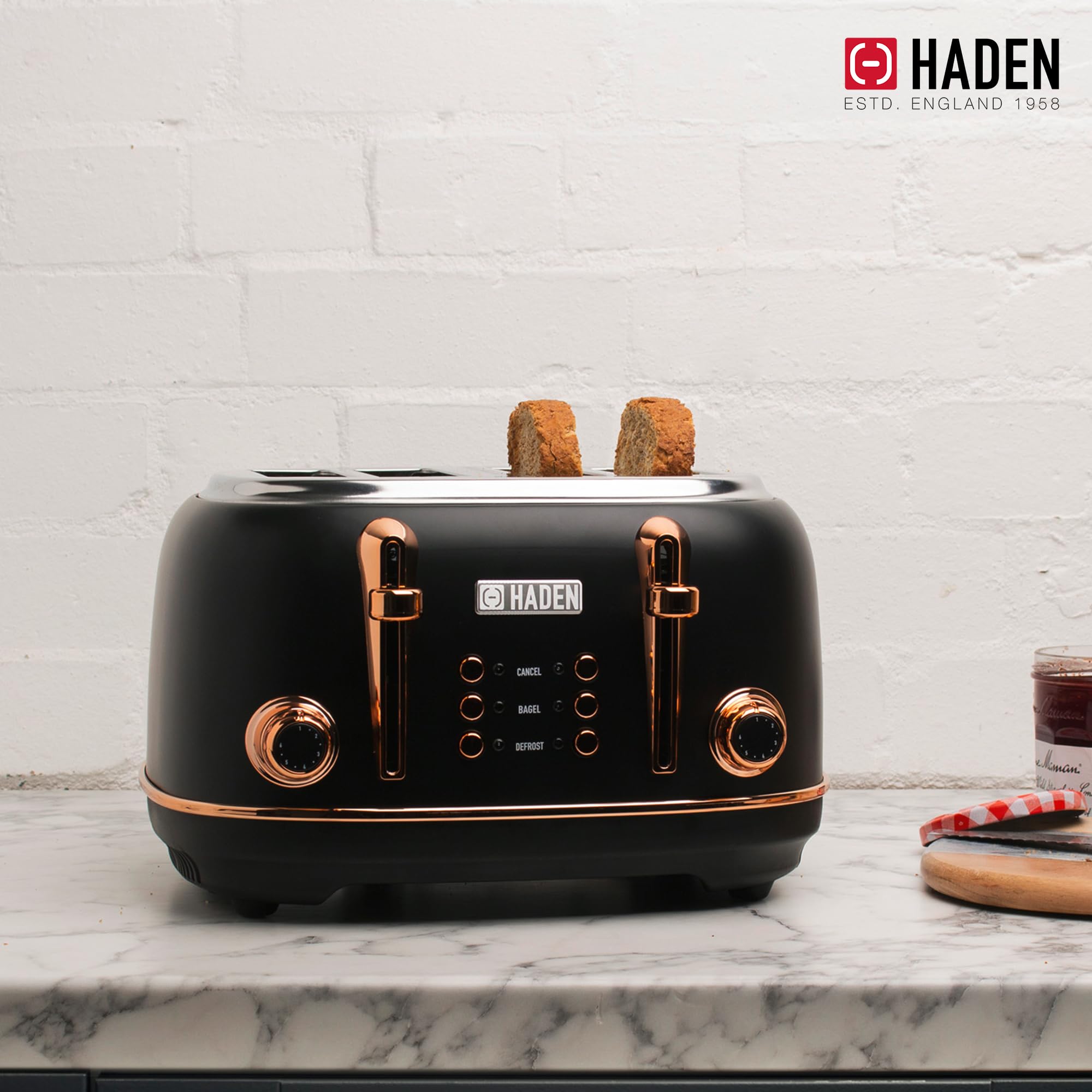 Haden Heritage 4 Slice Wide Slot Stainless Steel Toaster with Adjustable Browning Control & Non-Slip Feet, Black & Copper