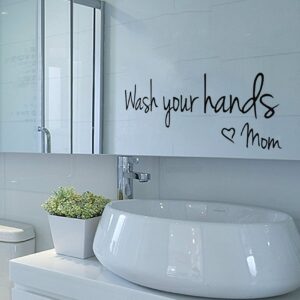 DIY Bathroom Decor Wall Stickers, Wash Your Hands Mom Quote Wall Decals Bathroom Wall Decor, Easy to Peel and Stick Wallpaper Vinyl Saying Wall Art Decor for Kids Bathrooms Home Decoration