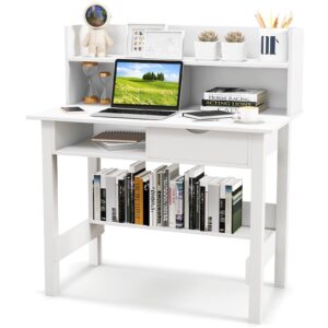 tangkula white desk with hutch, home office writing study desk with storage bookshelf & drawer, modern makeup vanity desk for bedroom, pc laptop desk computer desk for working studying