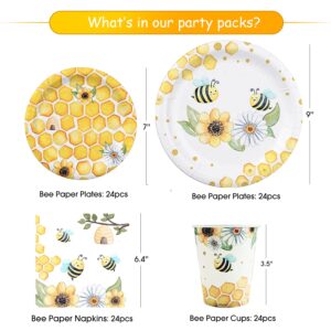 PYCALOW Bee Tableware Party Decorations - Bumble Bee Themed Party Supplies Include Plates, Cup, Napkin, Cutlery, Tablecloth, Straws, Bee Gender Reveal Baby Shower Birthday Party Decorations | Serve 24