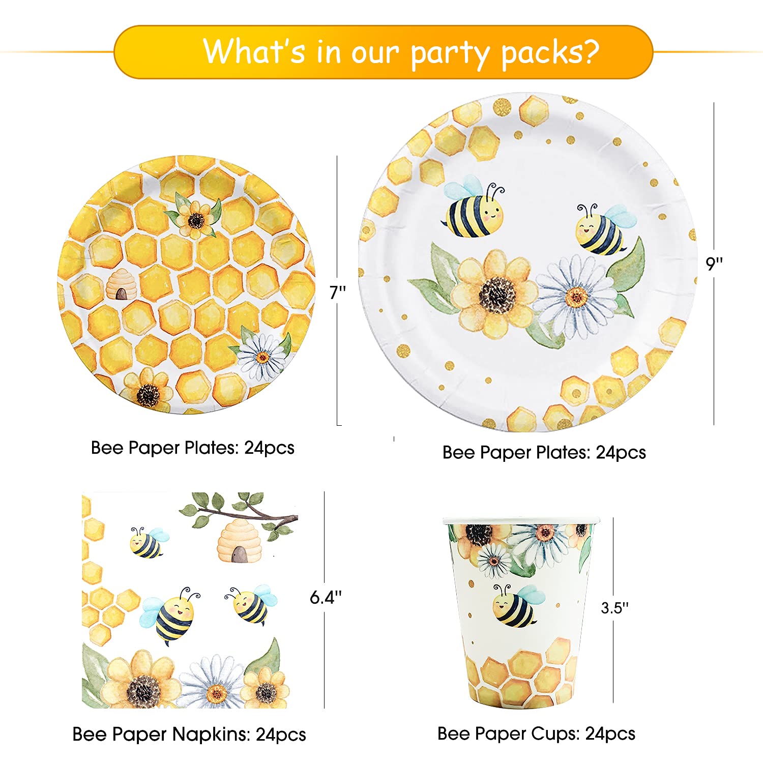 PYCALOW Bee Tableware Party Decorations - Bumble Bee Themed Party Supplies Include Plates, Cup, Napkin, Cutlery, Tablecloth, Straws, Bee Gender Reveal Baby Shower Birthday Party Decorations | Serve 24