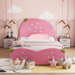 honey joy twin bed frames for kids, toddler wooden twin bed platform w/headboard & slat base, no box spring needed, children bedroom furniture for boys girls, fits standard twin mattress, strawberry