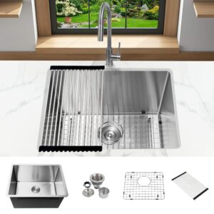 KABCO KLA23SSGR 18 Gauge Top-Undermount Drop In Laundry Utility Sink 23-Inch Stainless Steel Single Bowl with Strainer kit, Top Rolling Sink Rack & Bottom Sink Grid 4PC Combo Package- 23x18x12 Inch