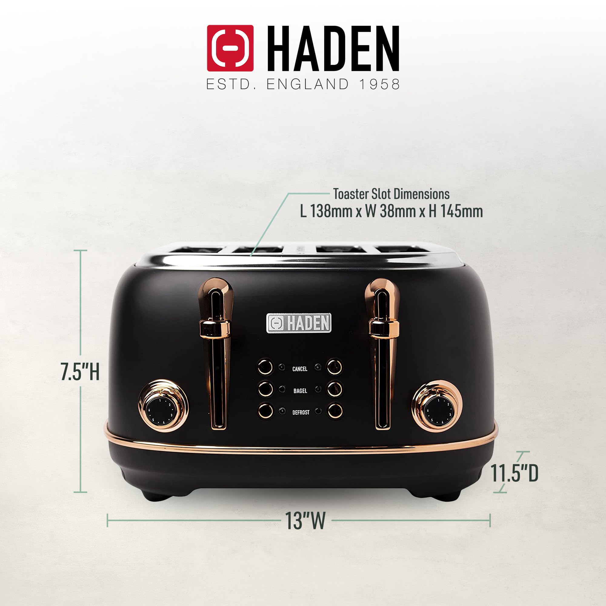 Haden Heritage 4 Slice Wide Slot Stainless Steel Toaster with Adjustable Browning Control & Non-Slip Feet, Black & Copper