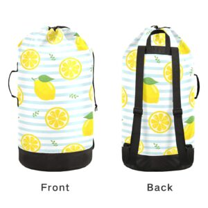 Striped Lemon Laundry Backback Large Heavy Duty Laundry Bag with Shoulder Straps Waterproof Laundry bag for Traveling Camp Dirty Clothes Organizer for College Students