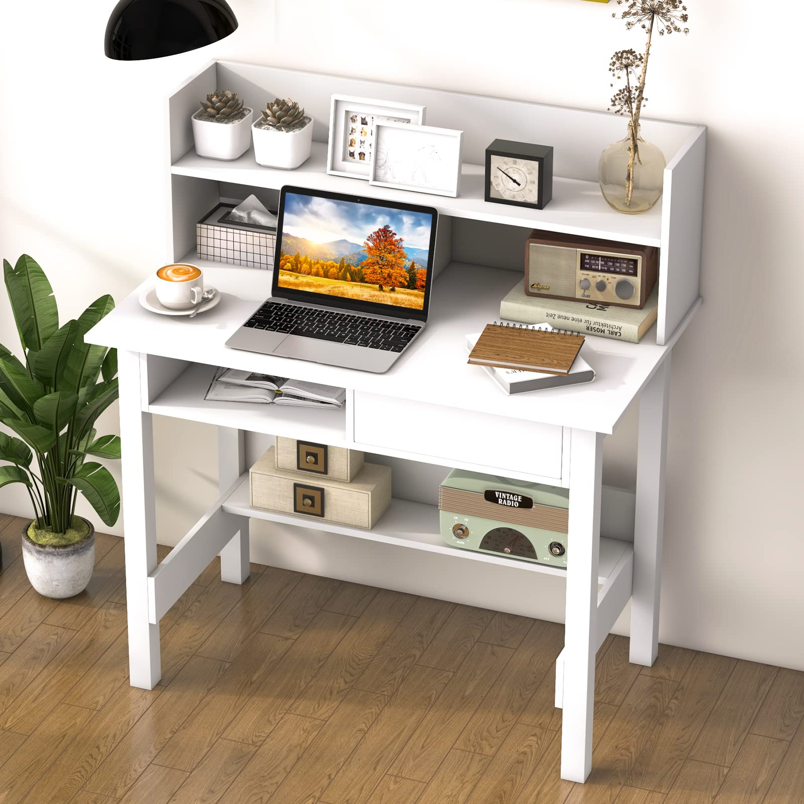 Tangkula White Desk with Hutch, Home Office Writing Study Desk with Storage Bookshelf & Drawer, Modern Makeup Vanity Desk for Bedroom, PC Laptop Desk Computer Desk for Working Studying